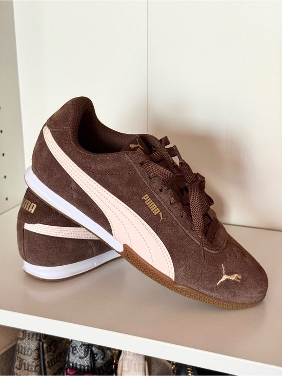 Puma | Shoes | Puma Brown Suede Sneakers With Pink Stripe And Gold Logo ...